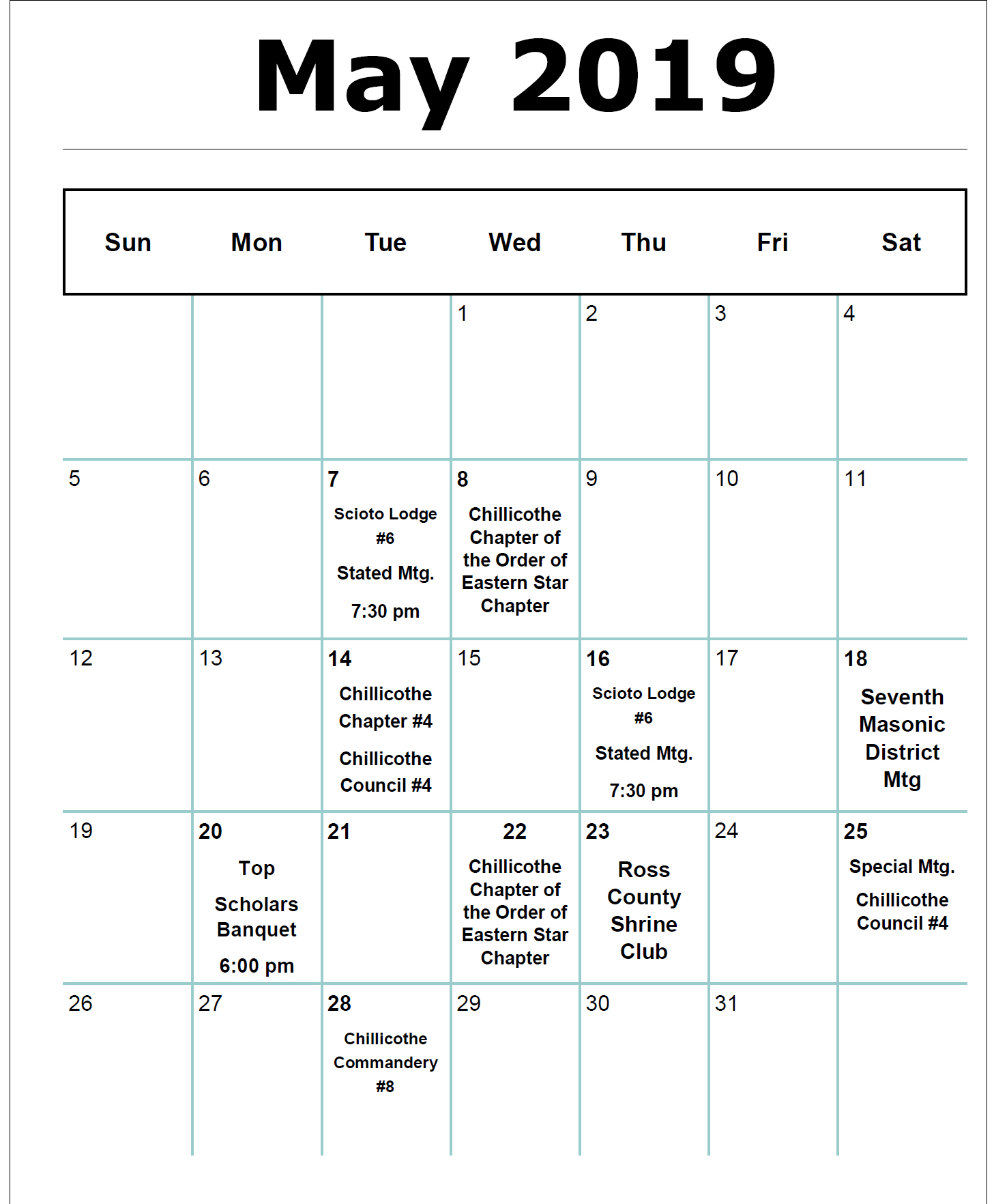 Chillicothe Masons - Calendar