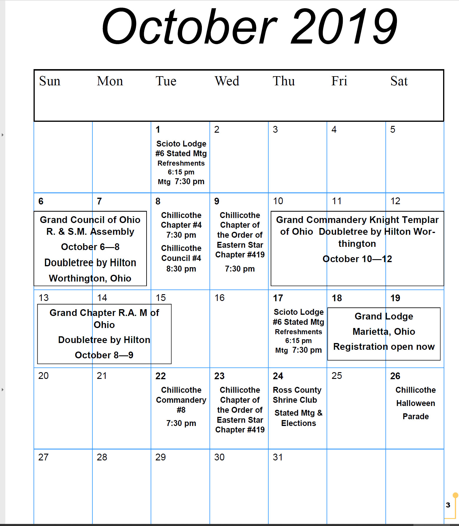 Chillicothe Masons - Calendar