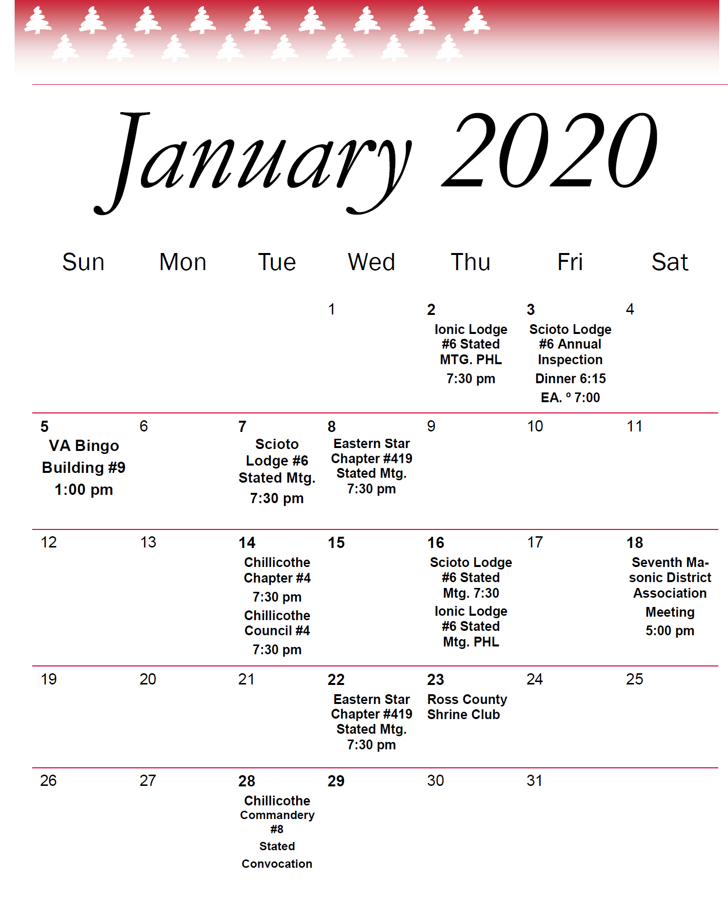 Chillicothe Masons - Calendar