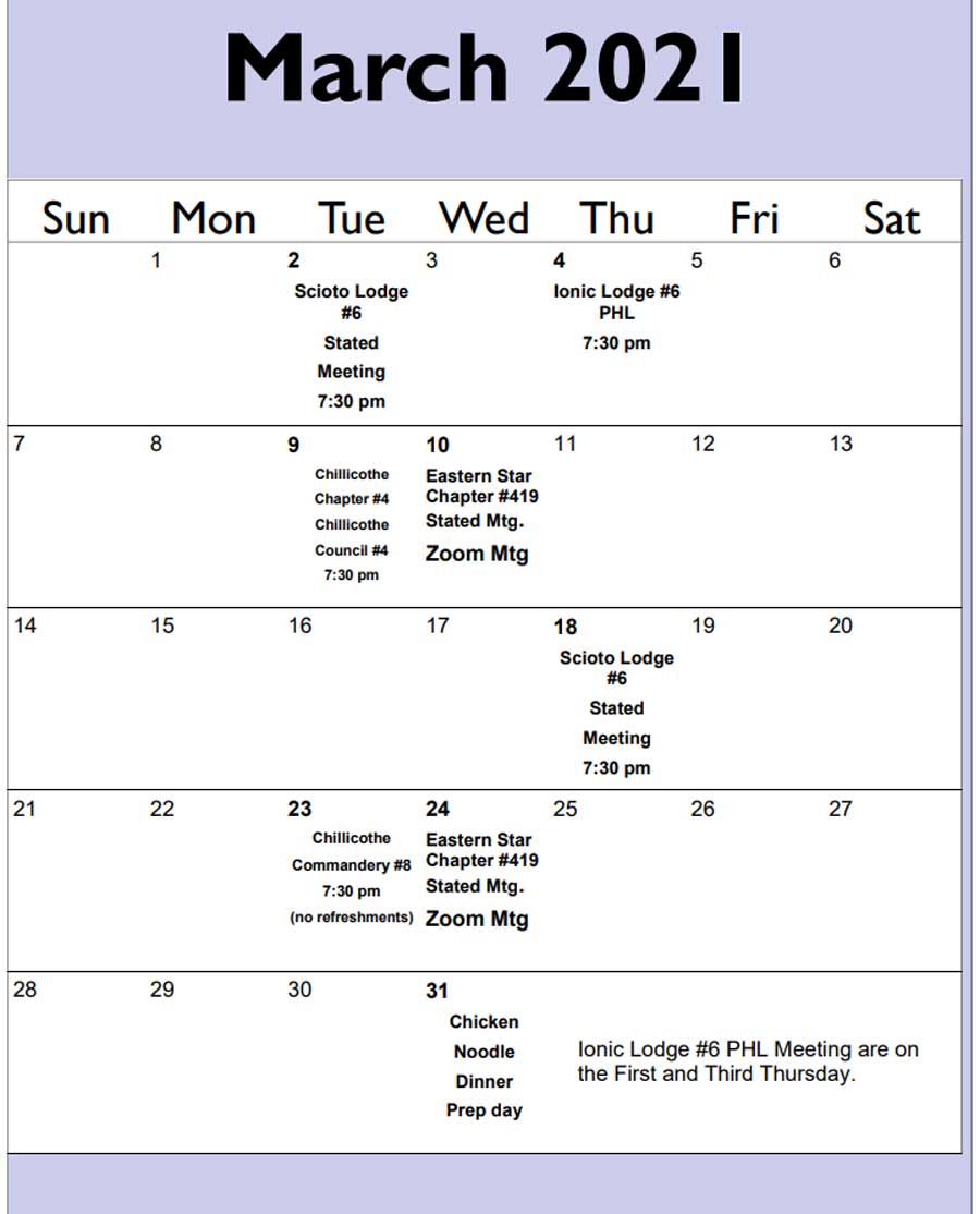 Chillicothe Masons - Calendar