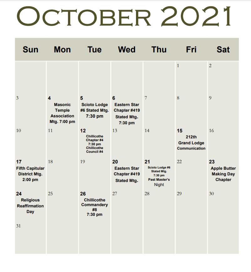 Chillicothe Masons - Calendar